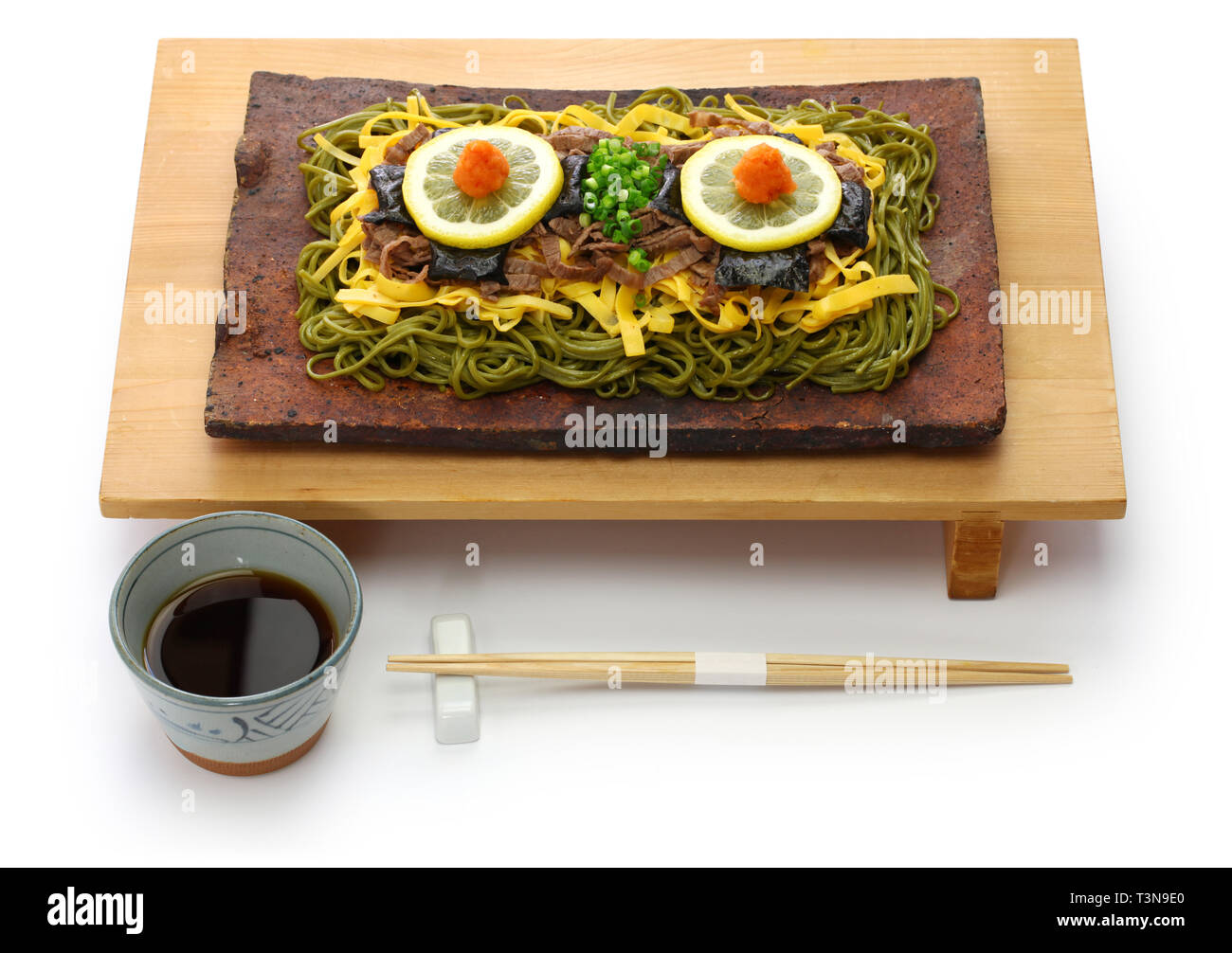 kawara soba, japanese local food, fried green tea buckwheat noodles on ...