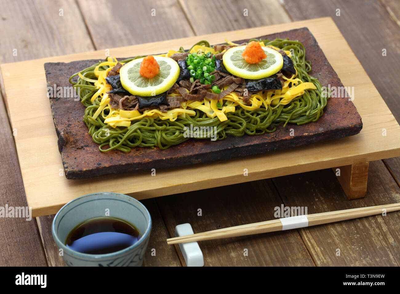 kawara soba, japanese local food, fried green tea buckwheat noodles on ...