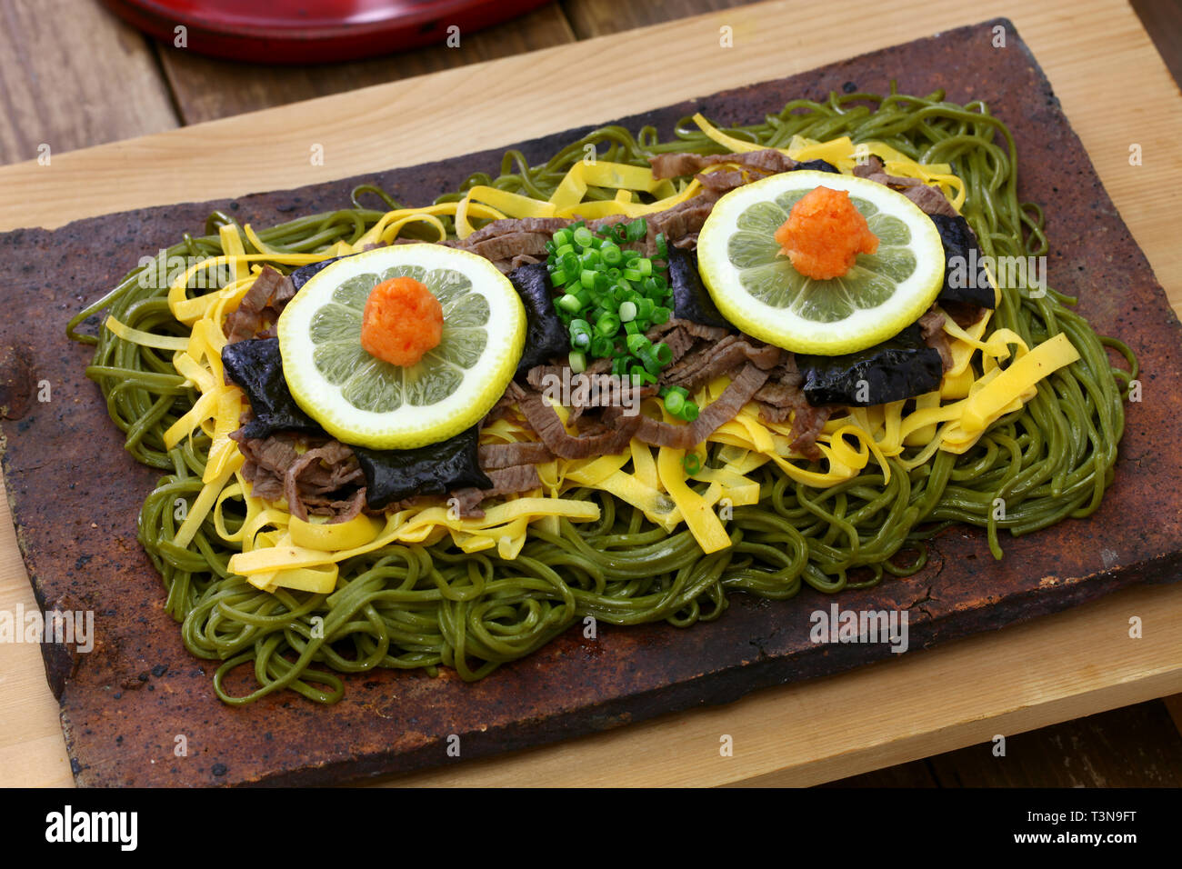 kawara soba, japanese local food, fried green tea buckwheat noodles on ...