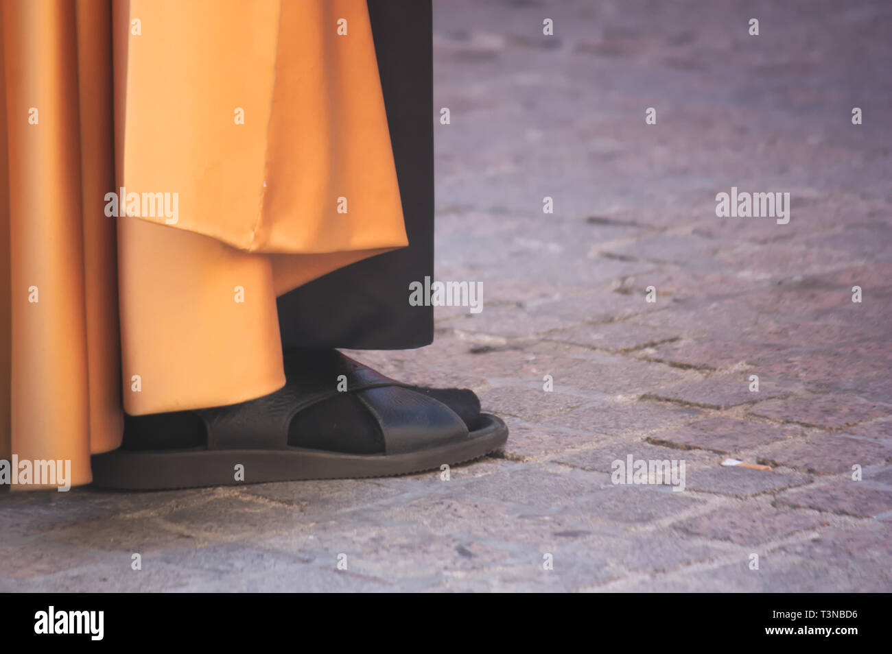 Detail of the sandals of a Nazarene during a procession of Holy Week in ...