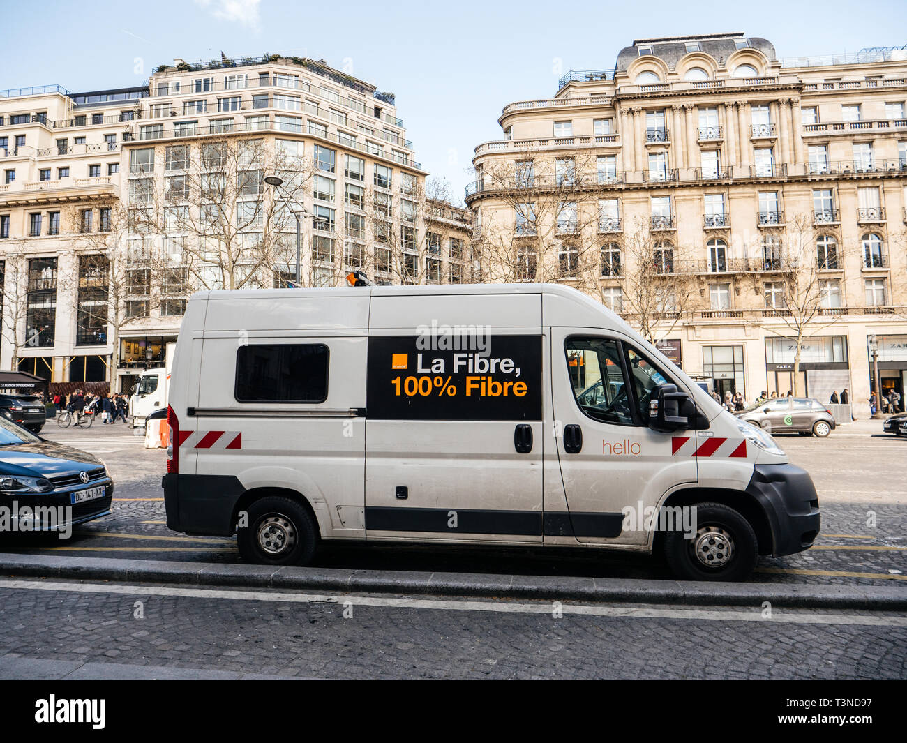 Paris, France - Mar 19, 2019: White Orange Telecom van with servicing ...