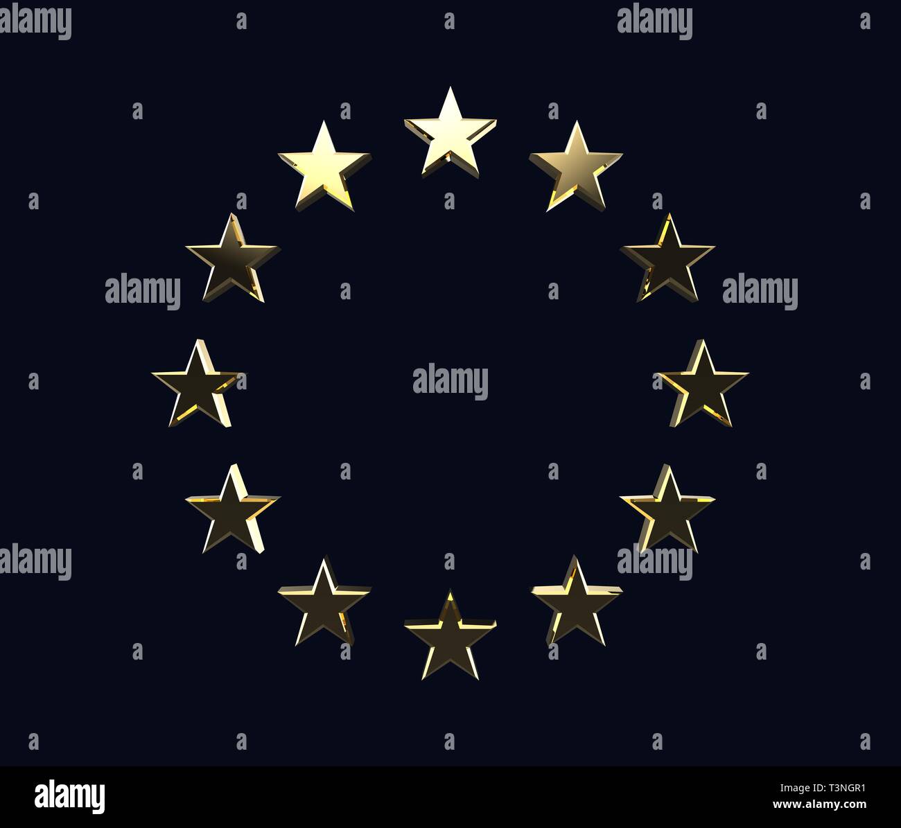 Golden metal European Union logo stars on dark blue background. 3D ...