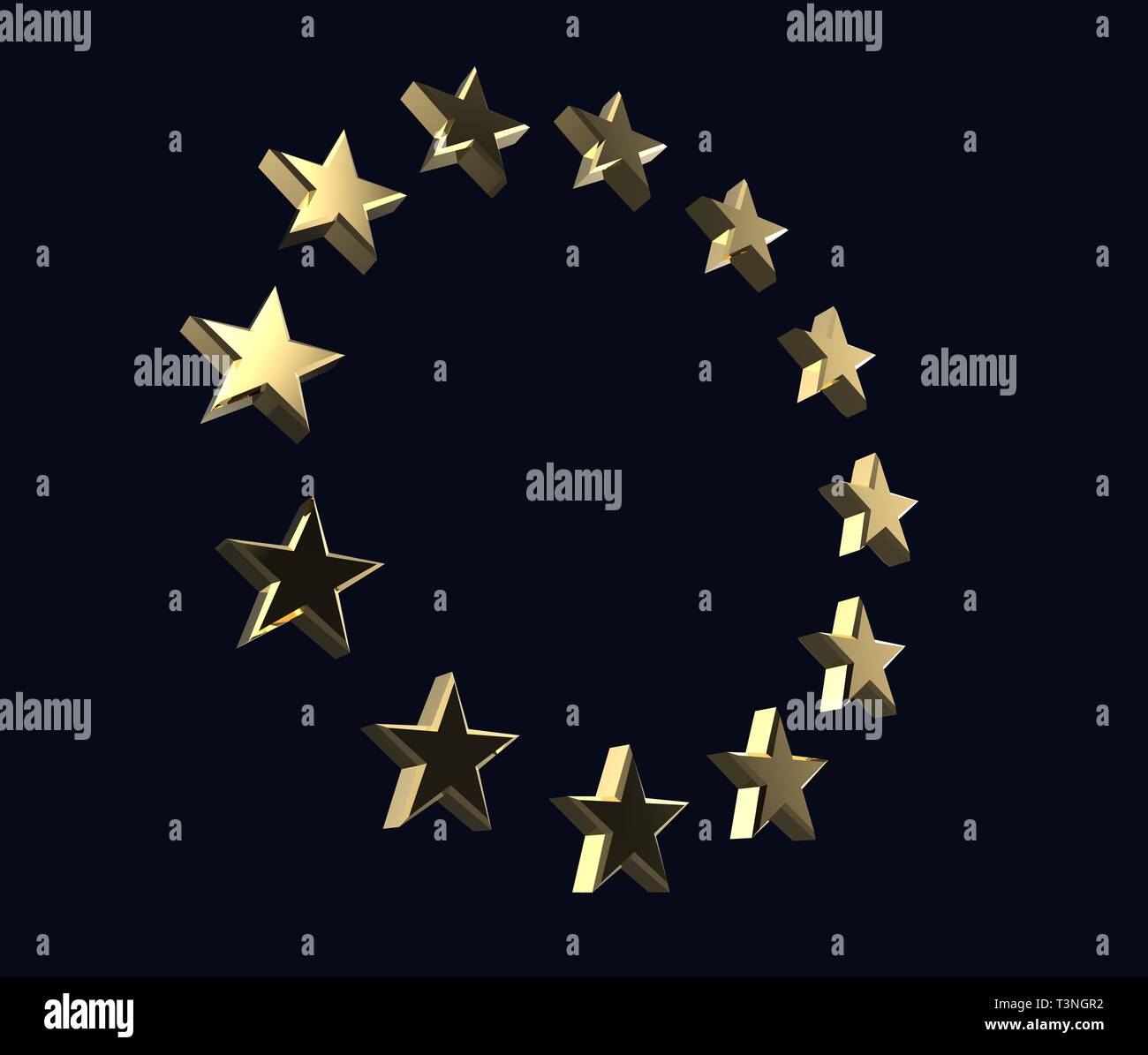 Golden metal European Union logo stars on dark blue background. 3D ...