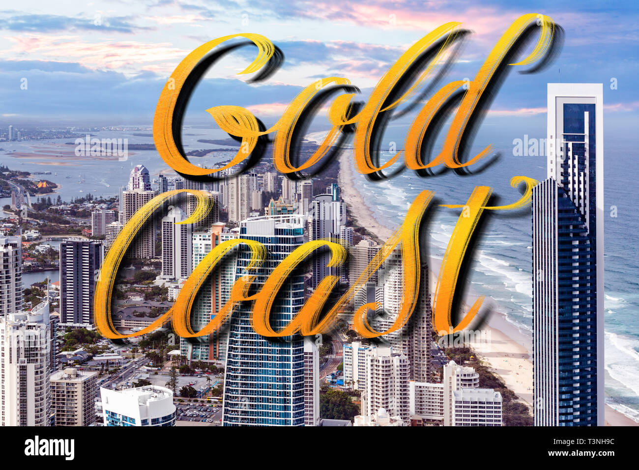 Gold Coast hand lettering over Skyscrapers right next to the ocean ...