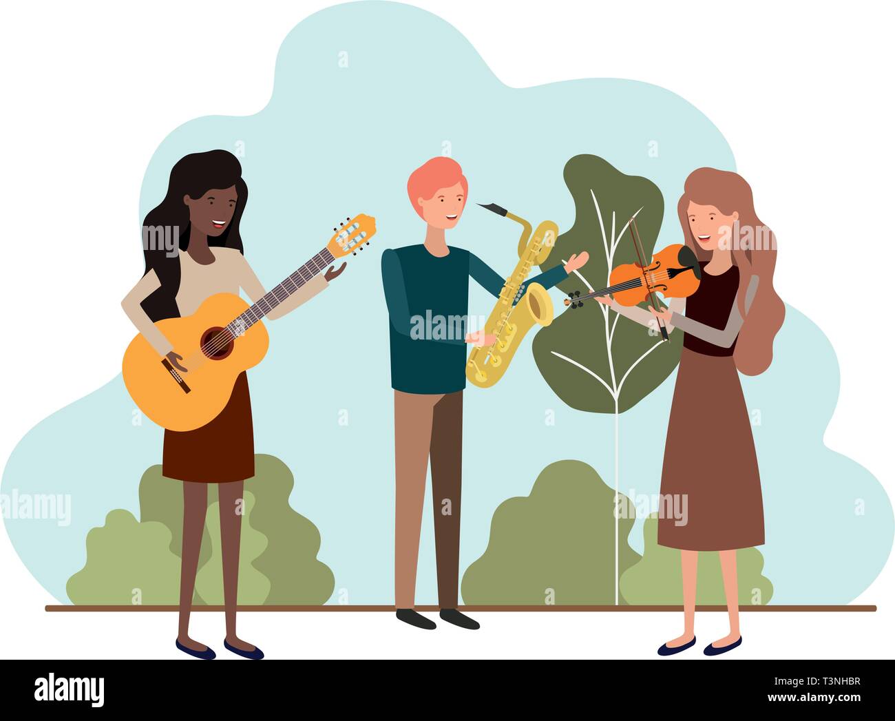 group of people with musical instruments in landscape Stock Vector ...