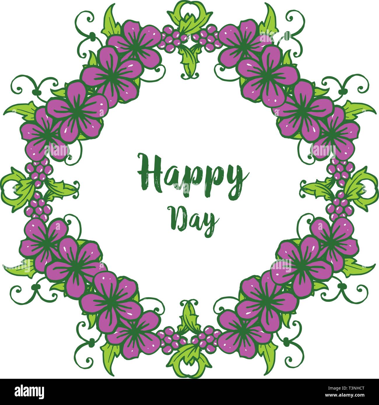 Vector illustration lettering happy day with drawing flower frame hand ...