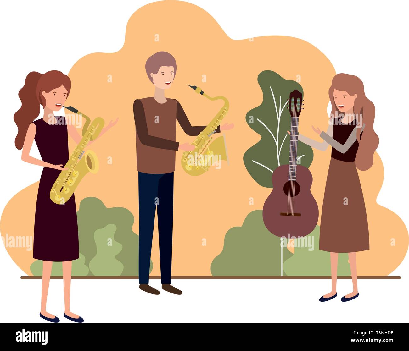 group of people with musical instruments in landscape Stock Vector ...