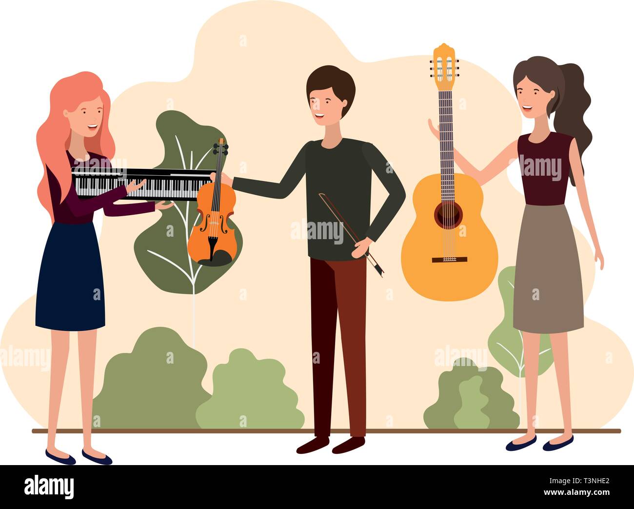 group of people with musical instruments in landscape Stock Vector ...