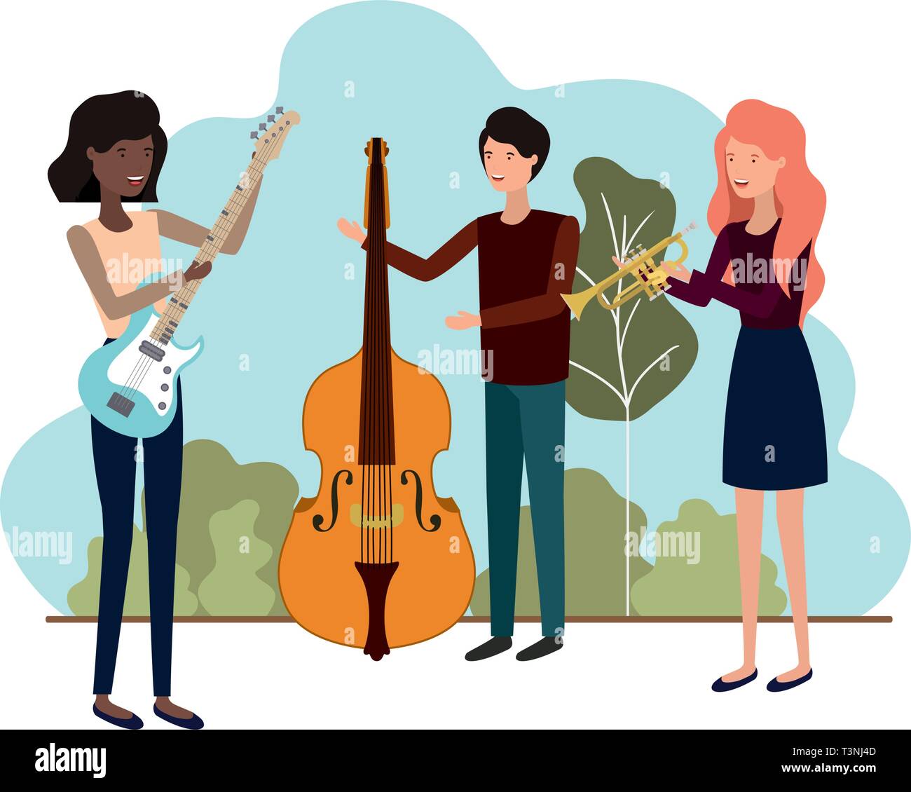 group of people with musical instruments in landscape Stock Vector ...
