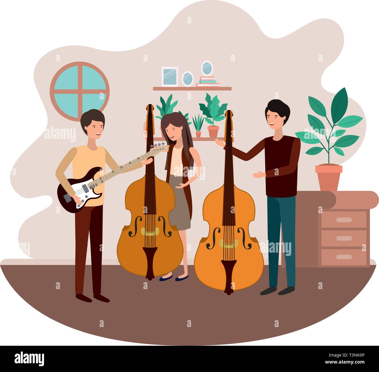 group of people with musical instruments in living room Stock Vector ...