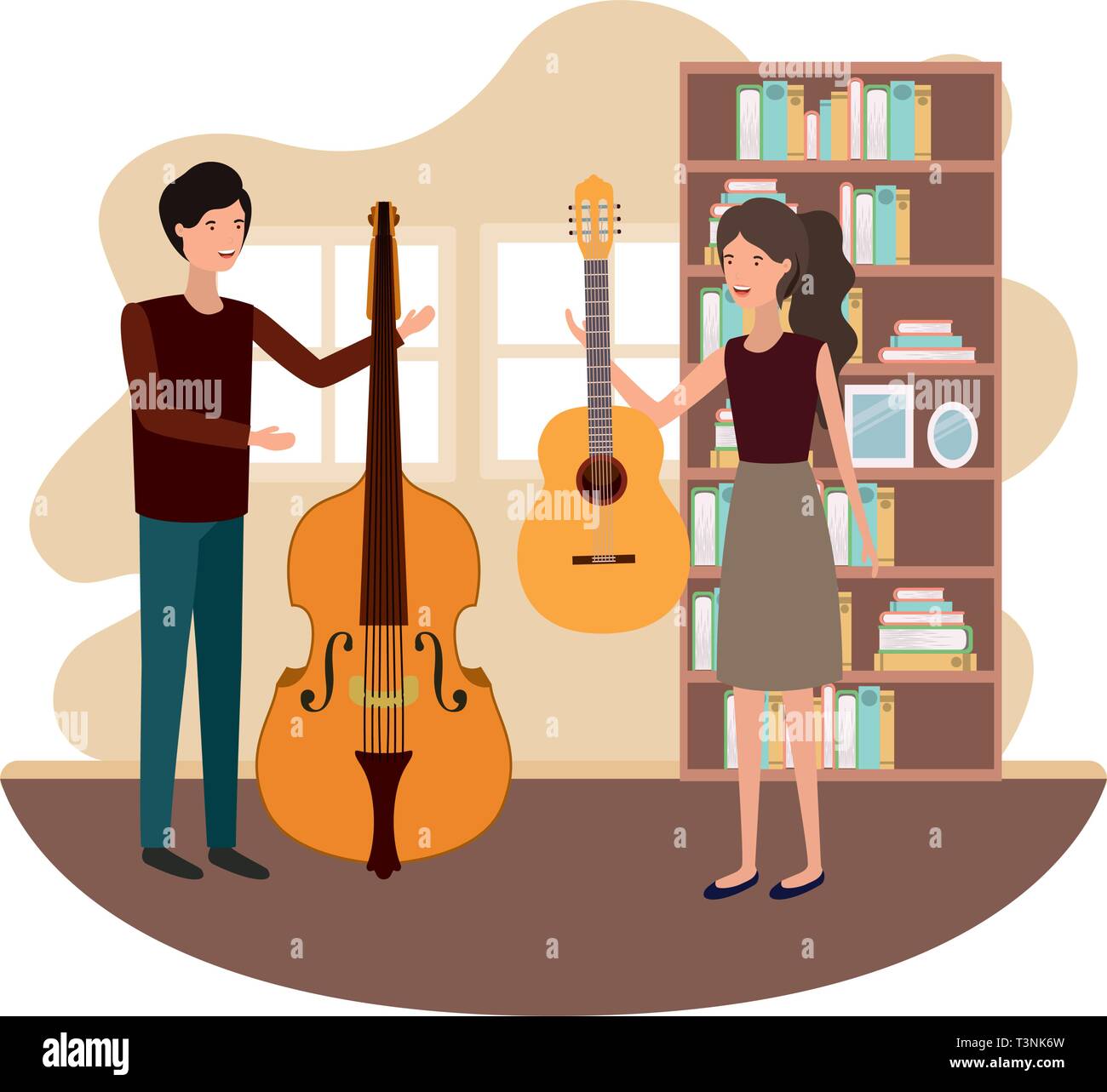 couple with musical instruments in living room Stock Vector Image & Art ...
