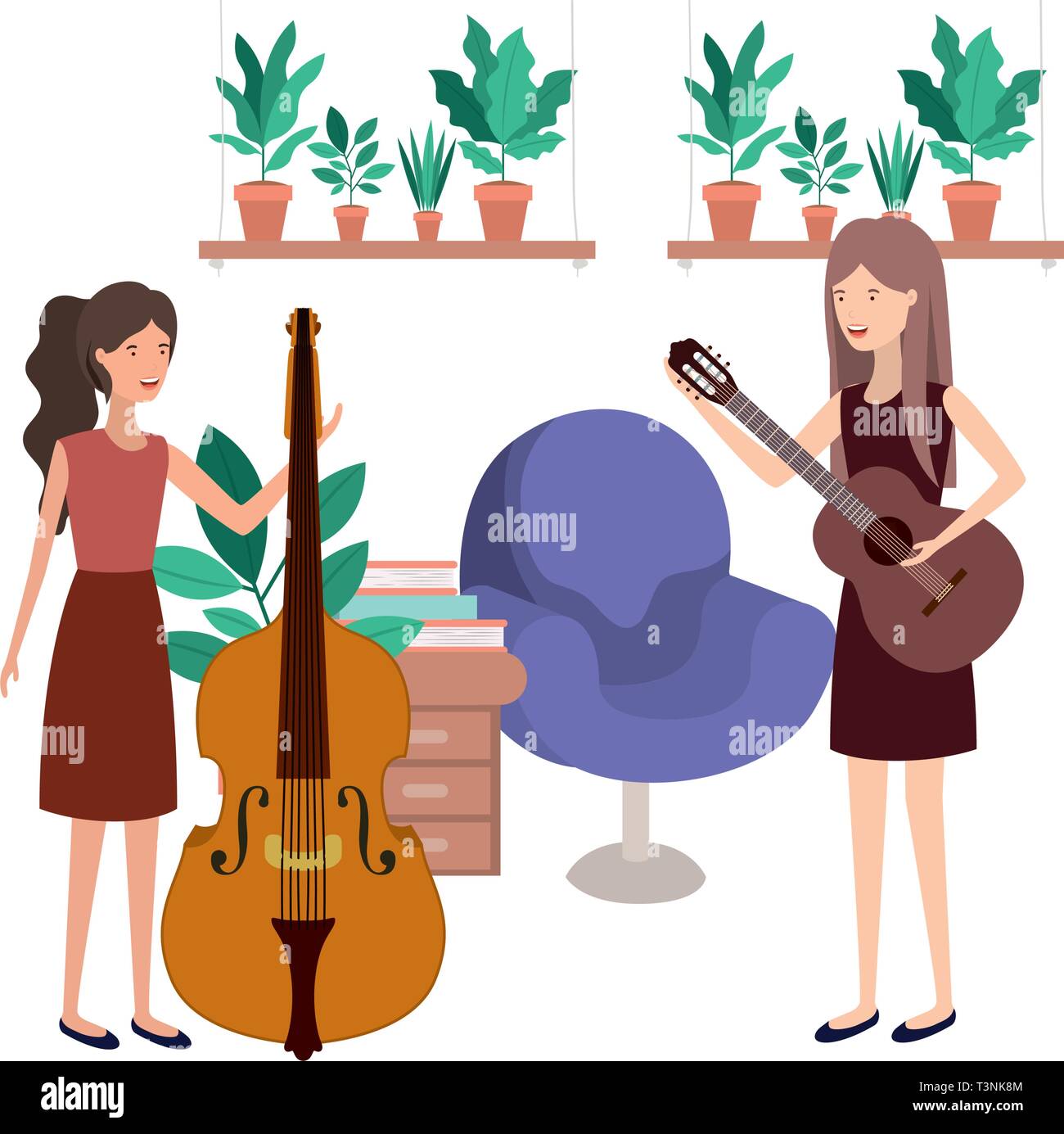 women with musical instruments in living room Stock Vector Image & Art ...