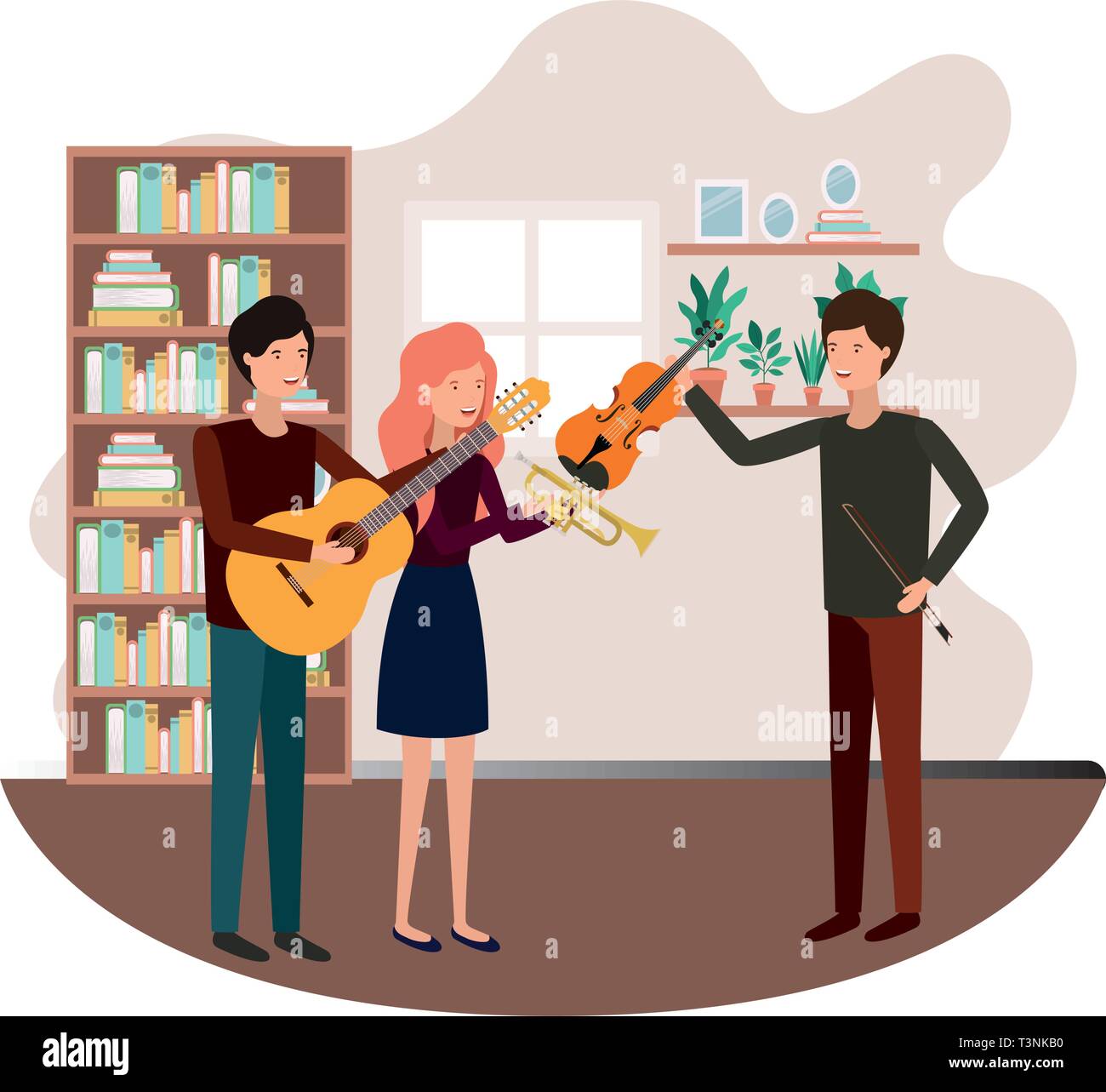 group of people with musical instruments in living room Stock Vector ...