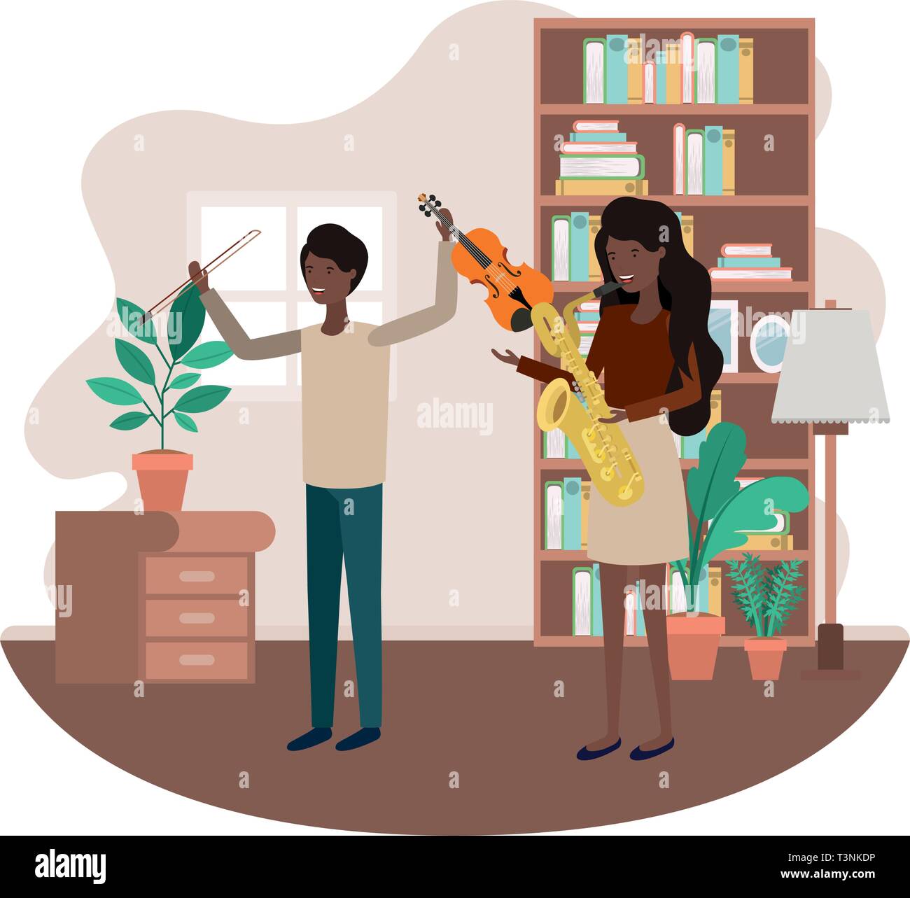 couple with musical instruments in living room Stock Vector Image & Art ...