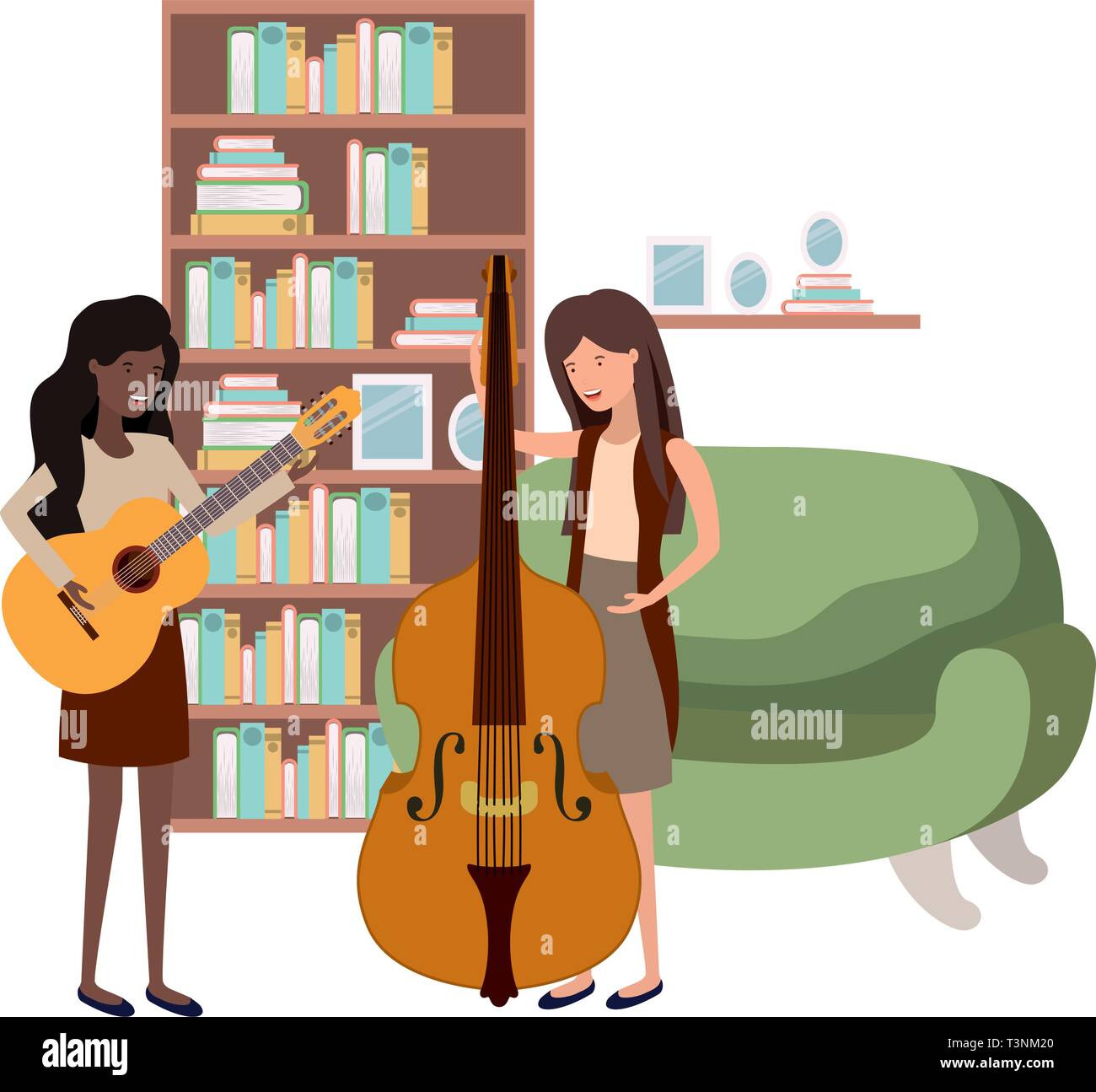 women with musical instruments in living room Stock Vector Image & Art ...