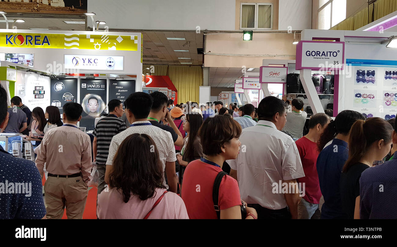 10th Apr, 2019. Korean businesses at Vietnam expo Korean business booths bustle with visitors at ...