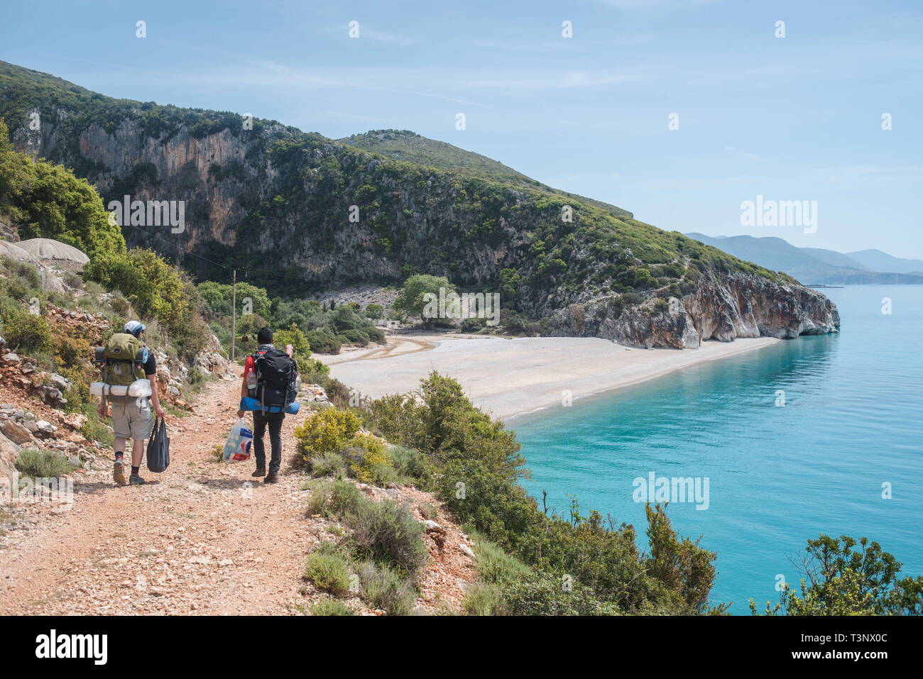 May 5, 2015 - Dhërmi, Albania - Hikers walk towards the seculded Gjipe ...