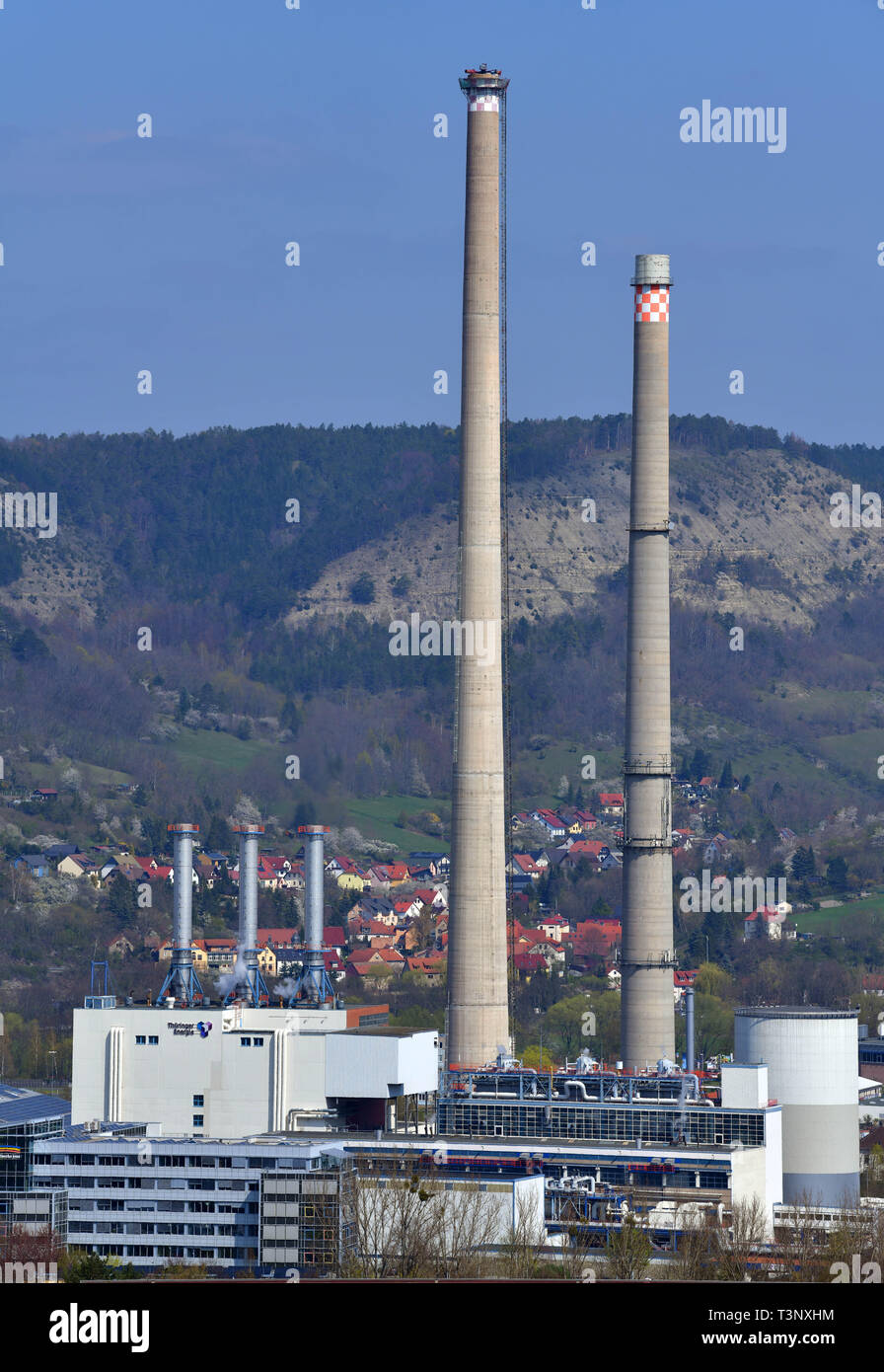 Jena, Germany. 10th Apr, 2019. The chimneys of the TEAG heating power ...
