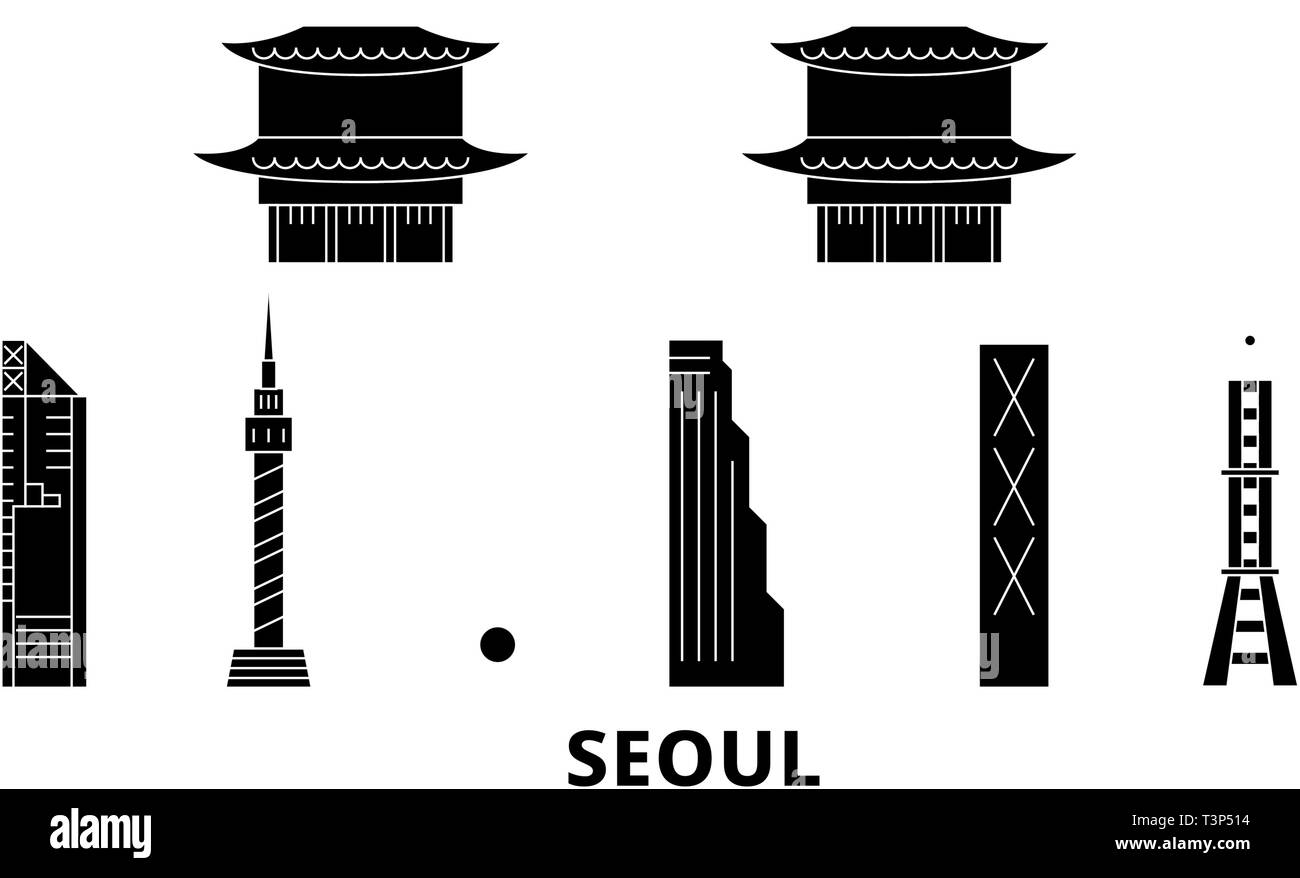 South Korea, Seoul flat travel skyline set. South Korea, Seoul black ...