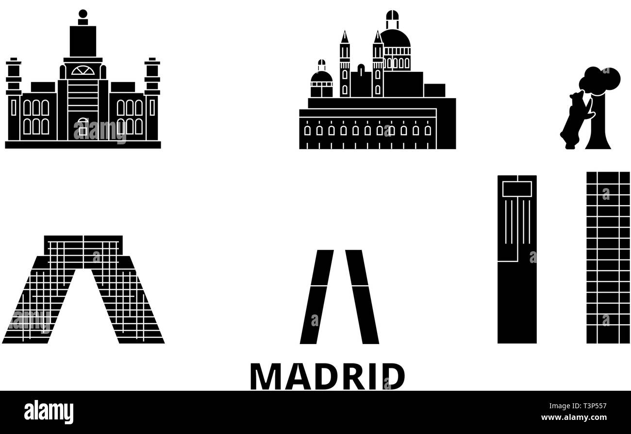 Spain, Madrid City flat travel skyline set. Spain, Madrid City black ...