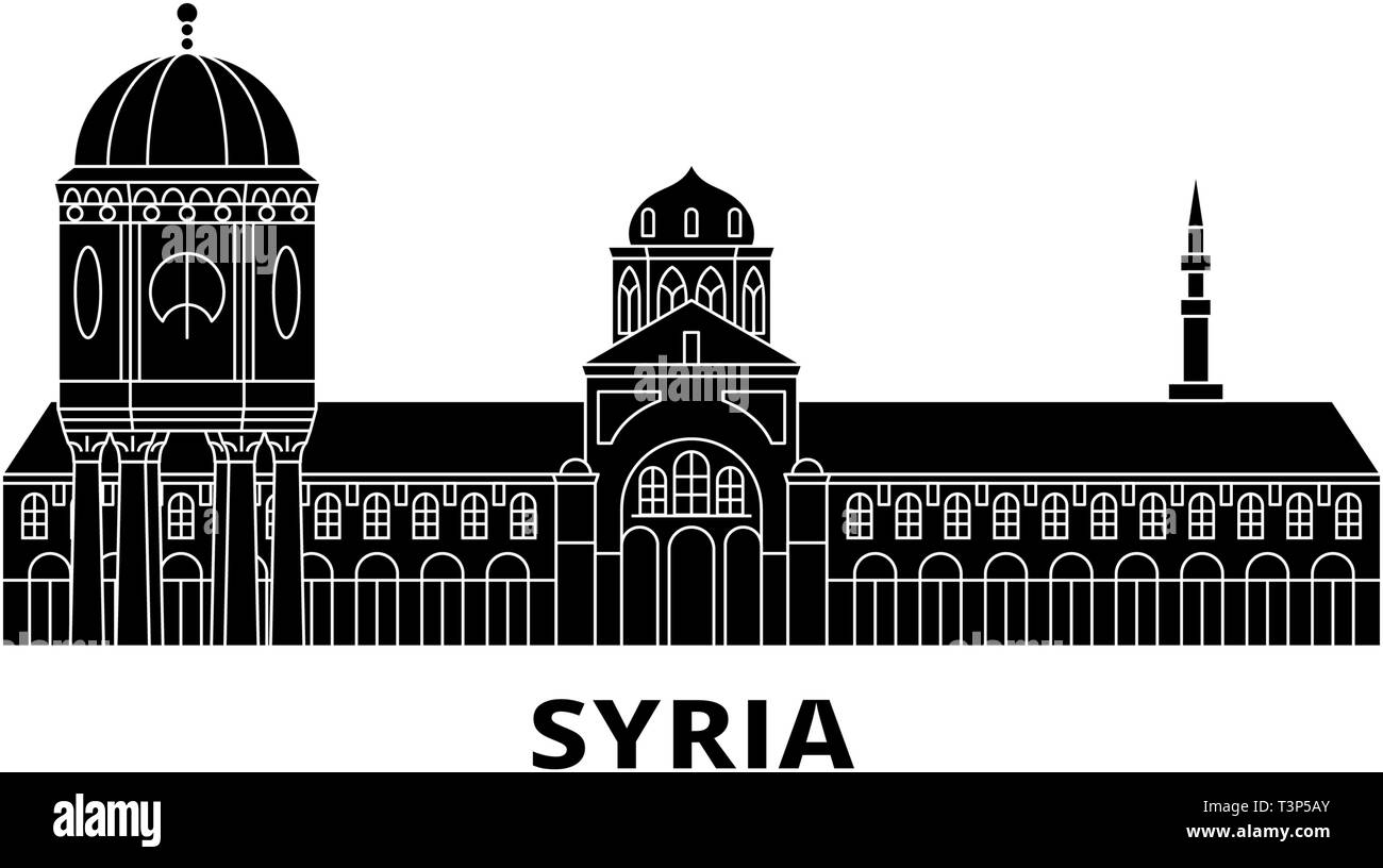 Syria flat travel skyline set. Syria black city vector illustration ...