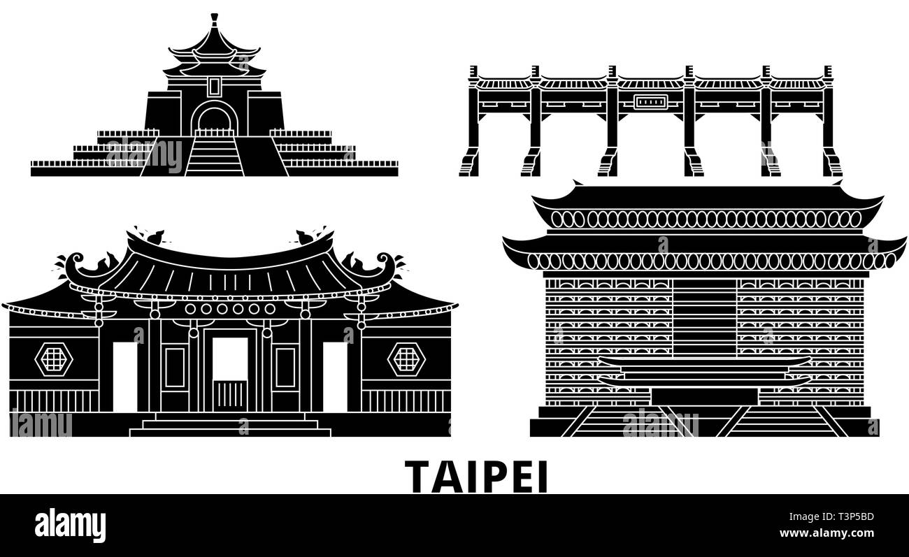 Taiwan, Taipei flat travel skyline set. Taiwan, Taipei black city ...
