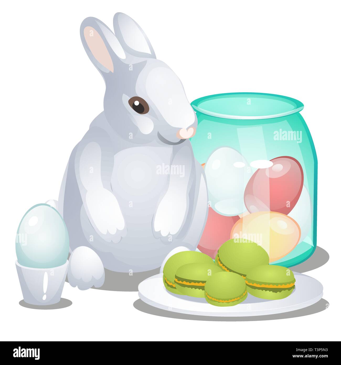 Easter bunny, colorful eggs and macaroni cakes isolated on white ...