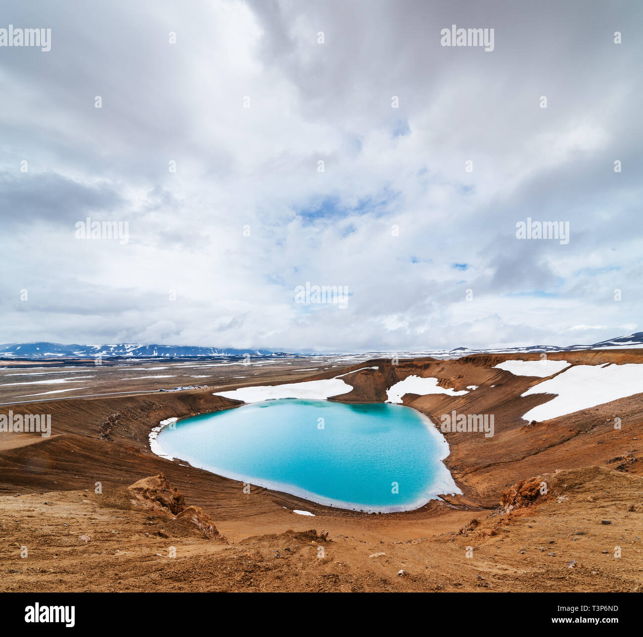 Caldera volcano with turquoise water. Lake Krafla, a tourist attraction ...