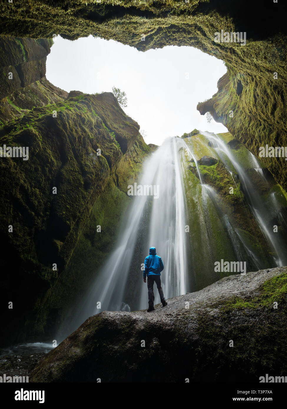 Gljufrafoss (Gljufrabui) waterfall in gorge of mountains. Tourist ...