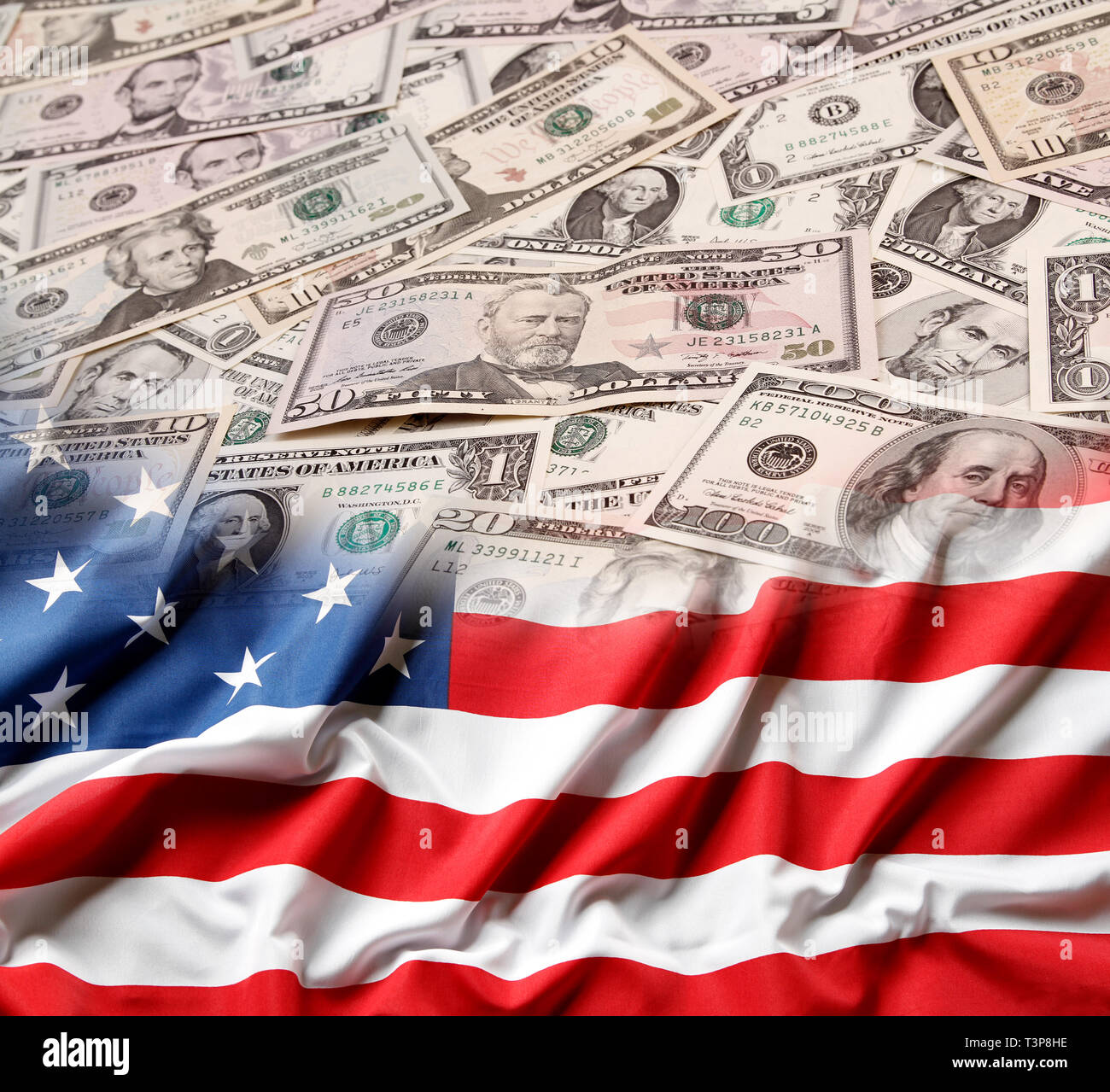 American flag and assorted American banknotes Stock Photo - Alamy
