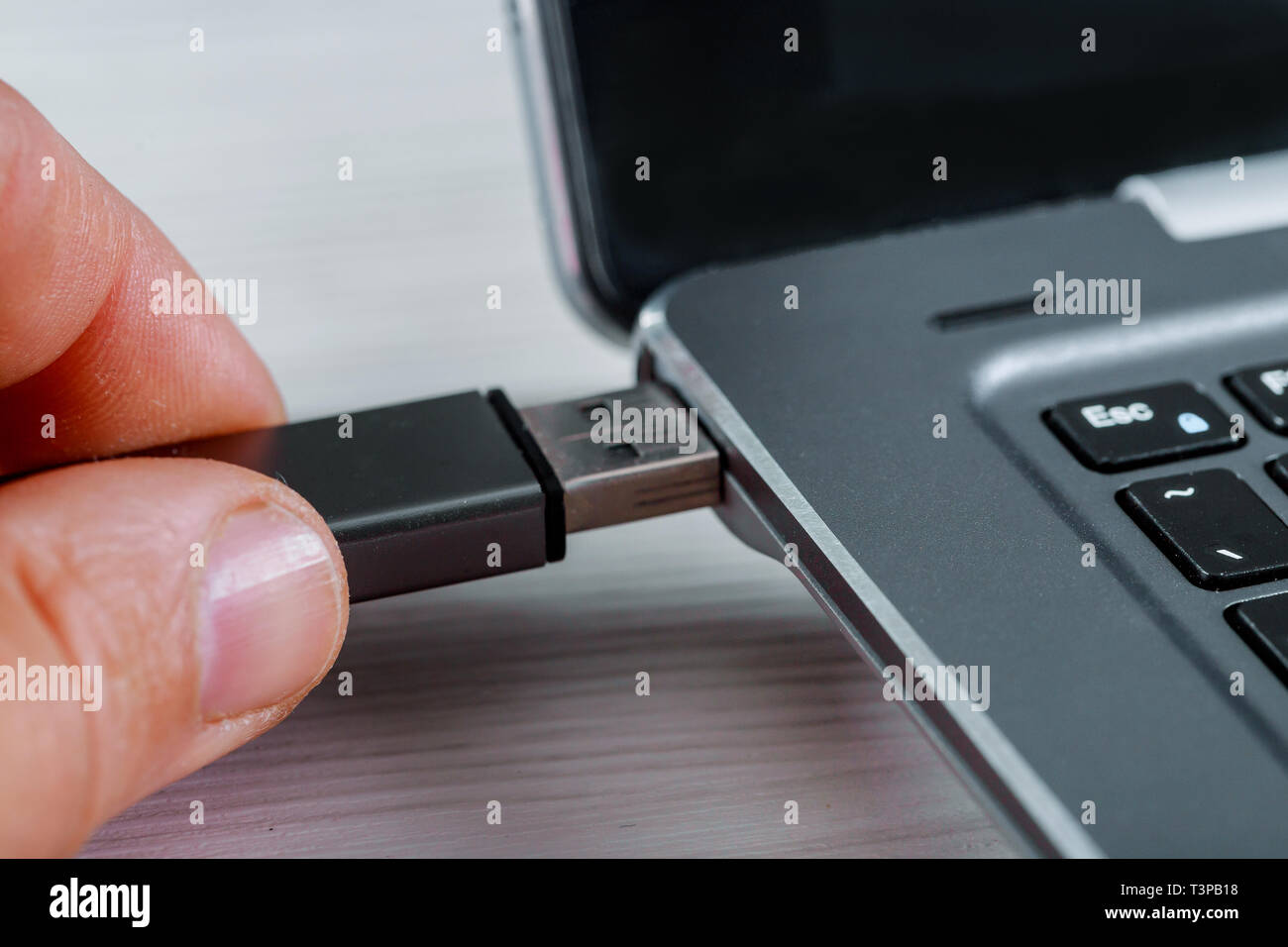 Close up of hand inserting USB flash drive into laptop computer on ...