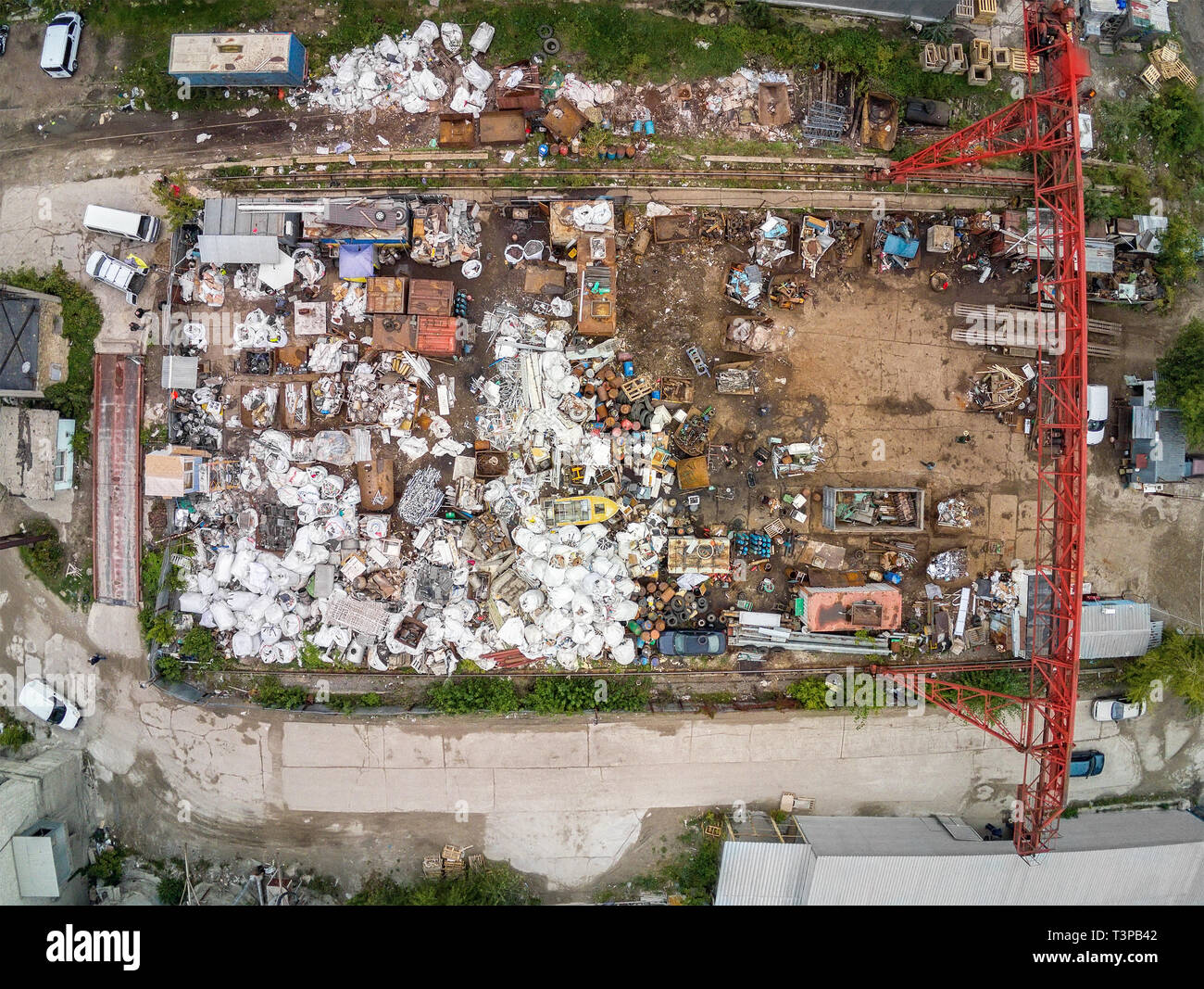 Scrap metal junkyard area aerial view. Reception and storage metal ...