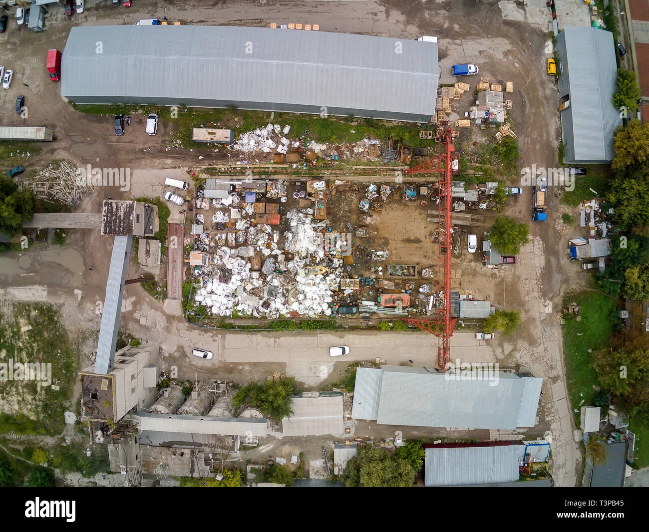 Scrap metal junkyard area aerial view. Reception and storage metal ...