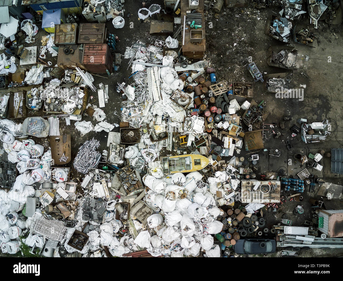 Scrap metal junkyard area aerial view. Reception and storage metal ...