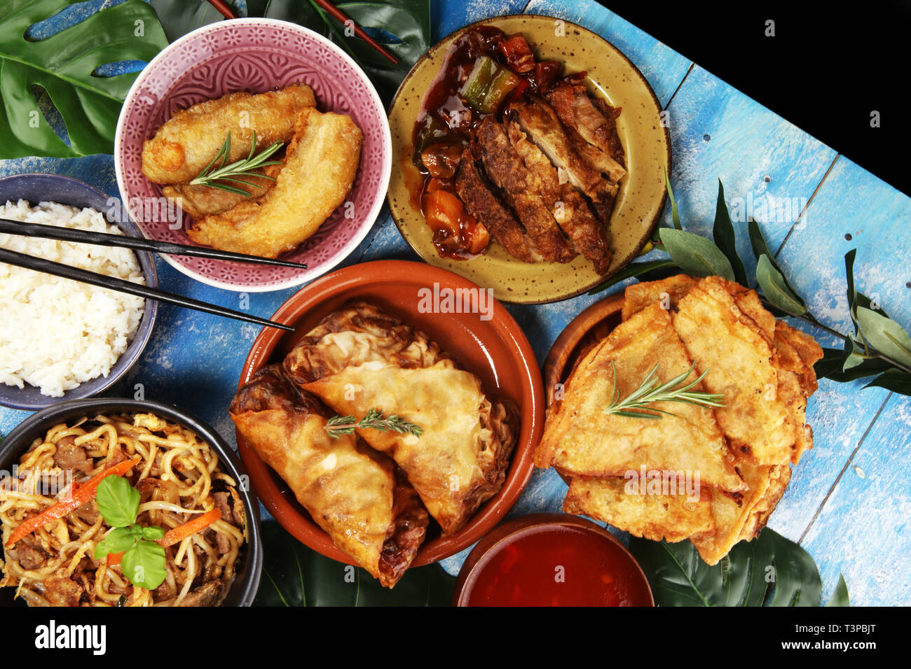 Assorted Chinese food set. Chinese noodles, fried rice, peking duck ...