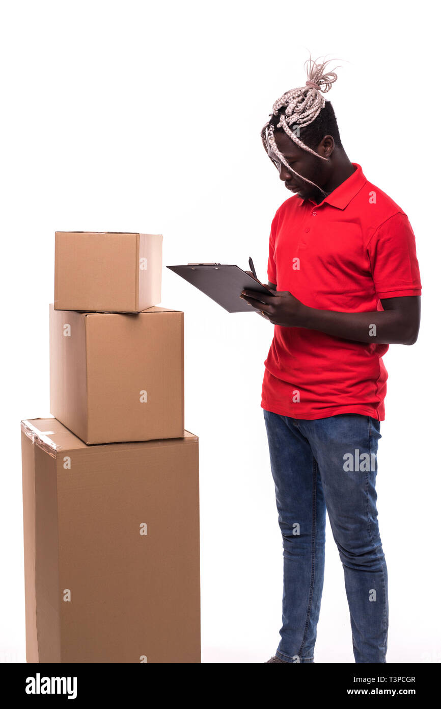 african american delivery man carrying parcel and presenting receiving ...
