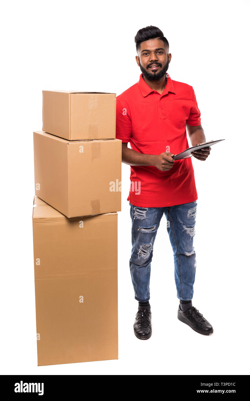 delivery service, mail, people, logistics and shipping concept - happy ...