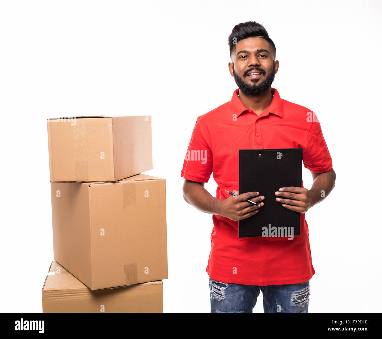 delivery service, mail, people, logistics and shipping concept - happy ...