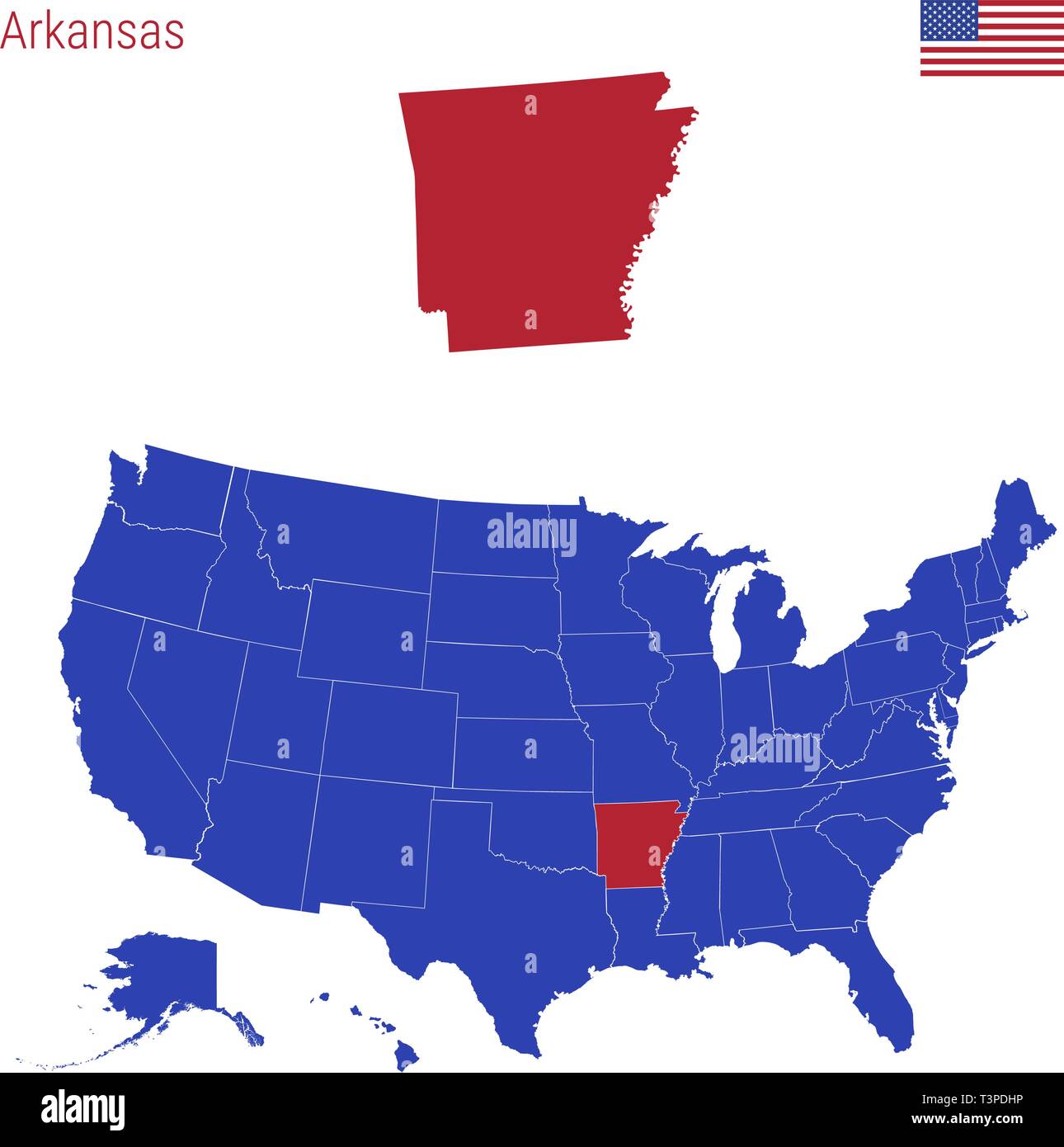 The State of Arkansas is Highlighted in Red. Blue Vector Map of the ...