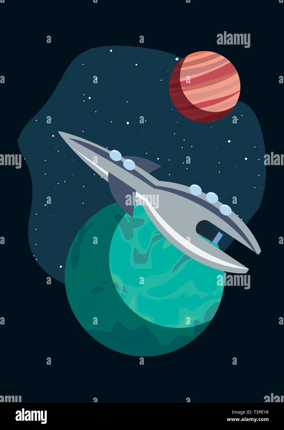 rocket spaceship cosmos planets cartoon vector illustration Stock ...