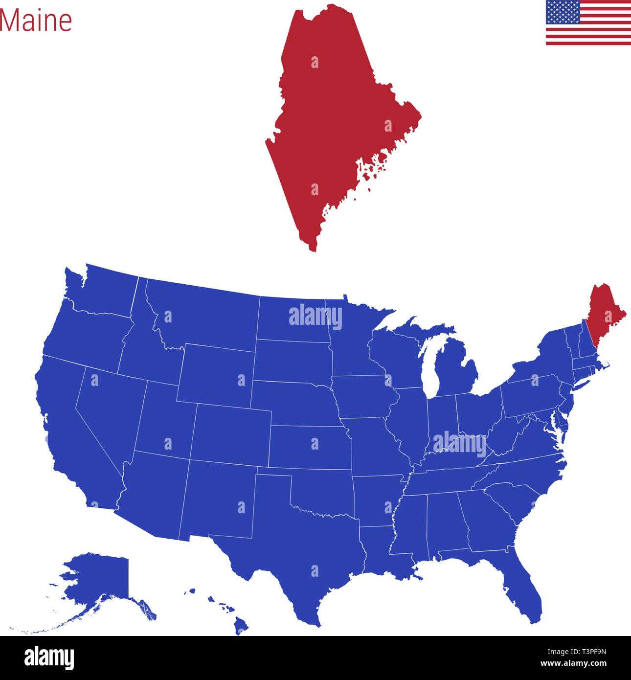 The State of Maine is Highlighted in Red. Blue Vector Map of the United ...