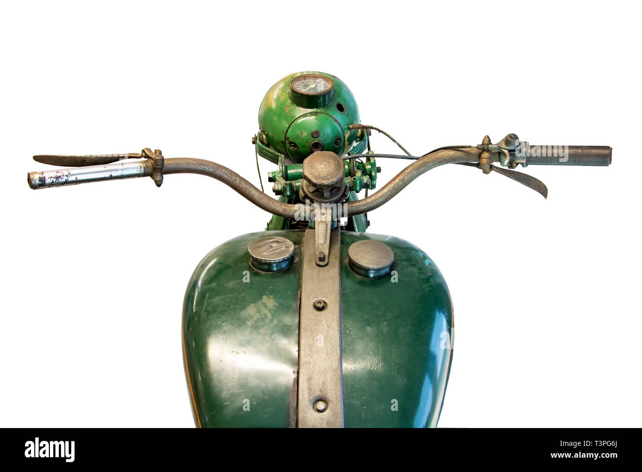 Old green motorcycle, handlebars with cistern. Retro motorbike isolated ...