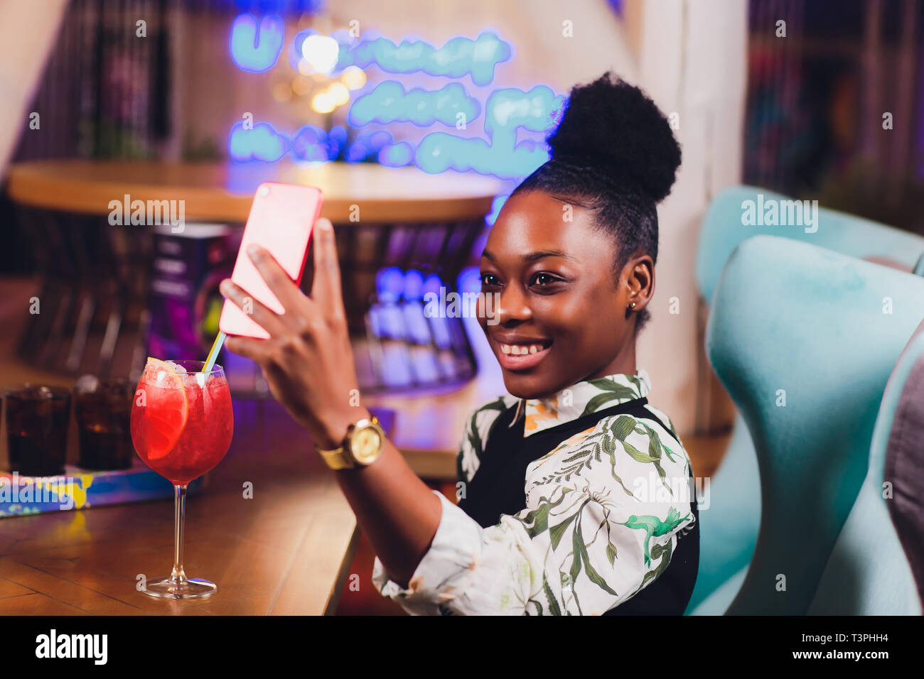 Group of friends drinking cocktails fashion bar restaurants - Side view ...