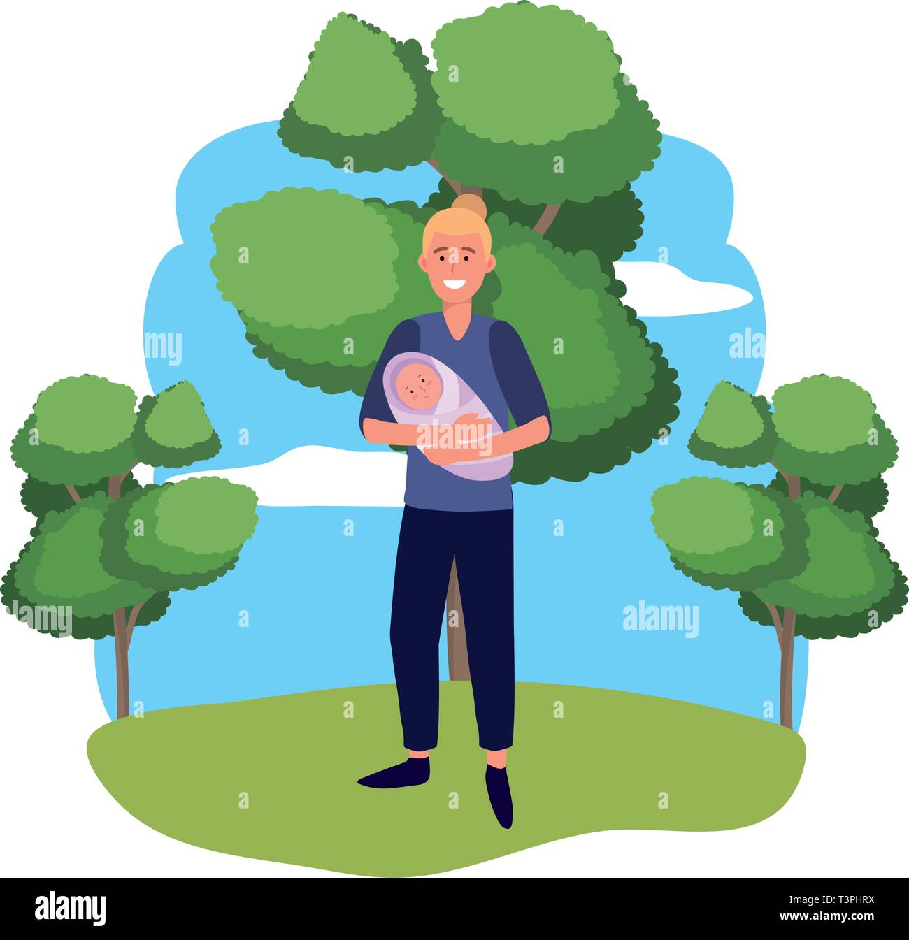 man carrying baby avatar cartoon character outdoor in the park vector ...