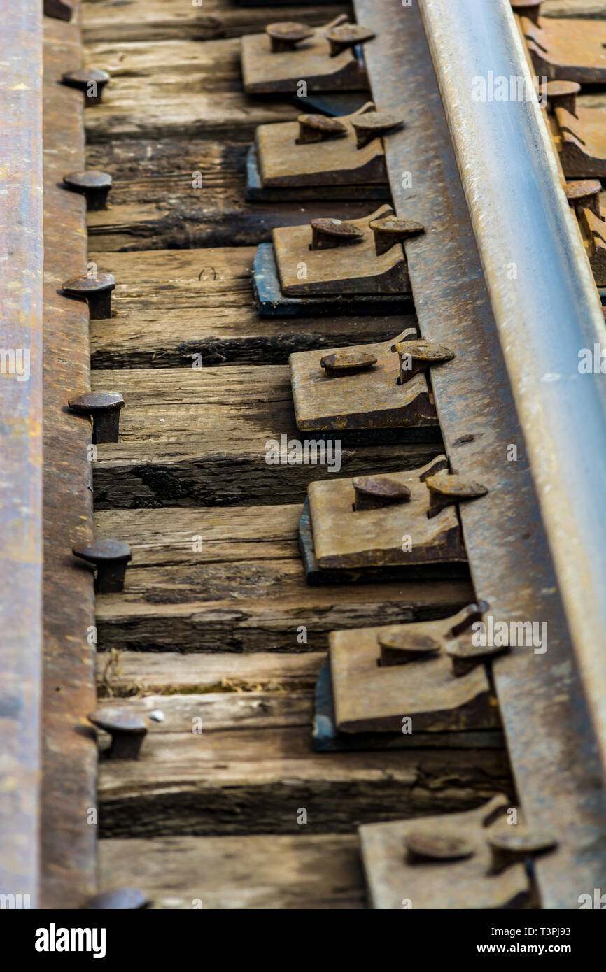 Close up details of train tracks Stock Photo - Alamy