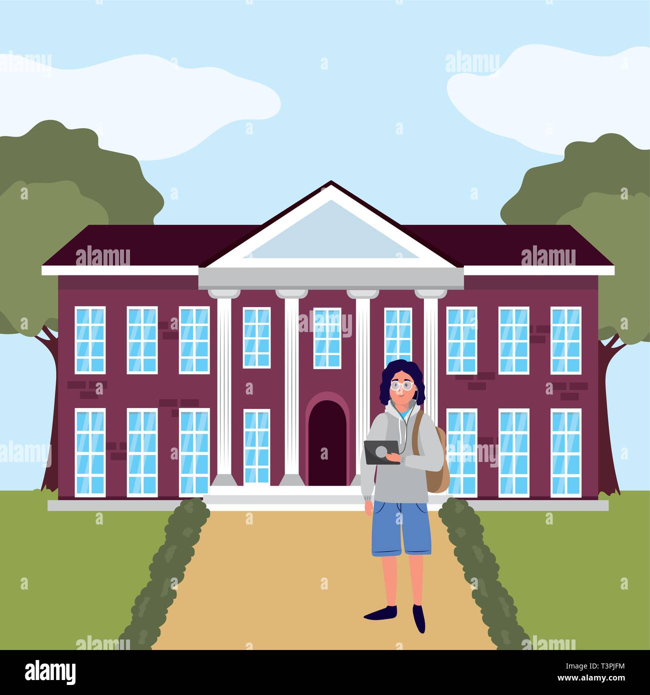 education university college man student in front university building ...