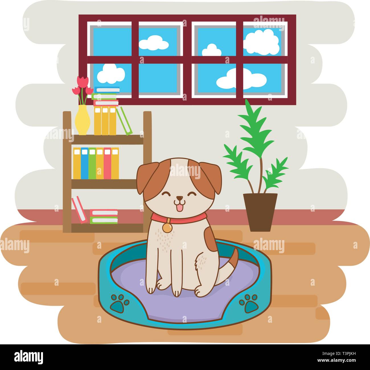 cute funny pet dog at pet bed cartoon vector illustration graphic ...