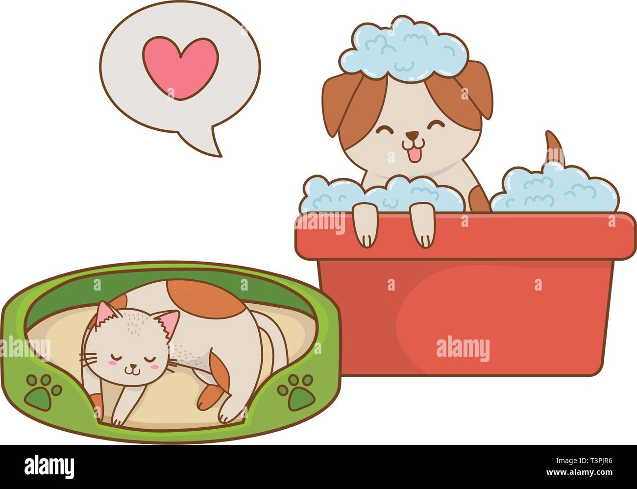 cute funny pets dog and cat taking a shower cartoon vector illustration ...