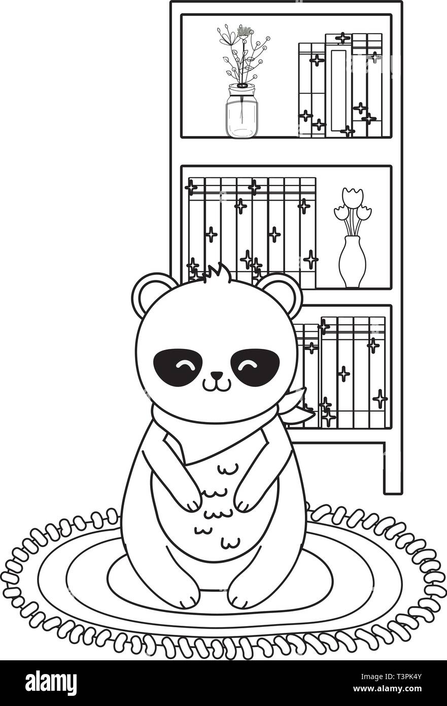 cute little animal panda bear in front library furniture cartoon vector ...