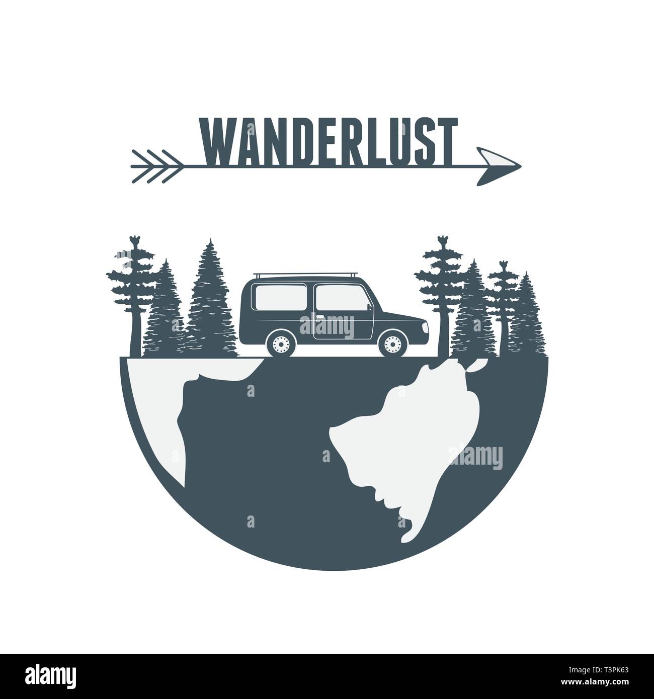 wanderlust label with forest scene and car vehicle vector illustration ...
